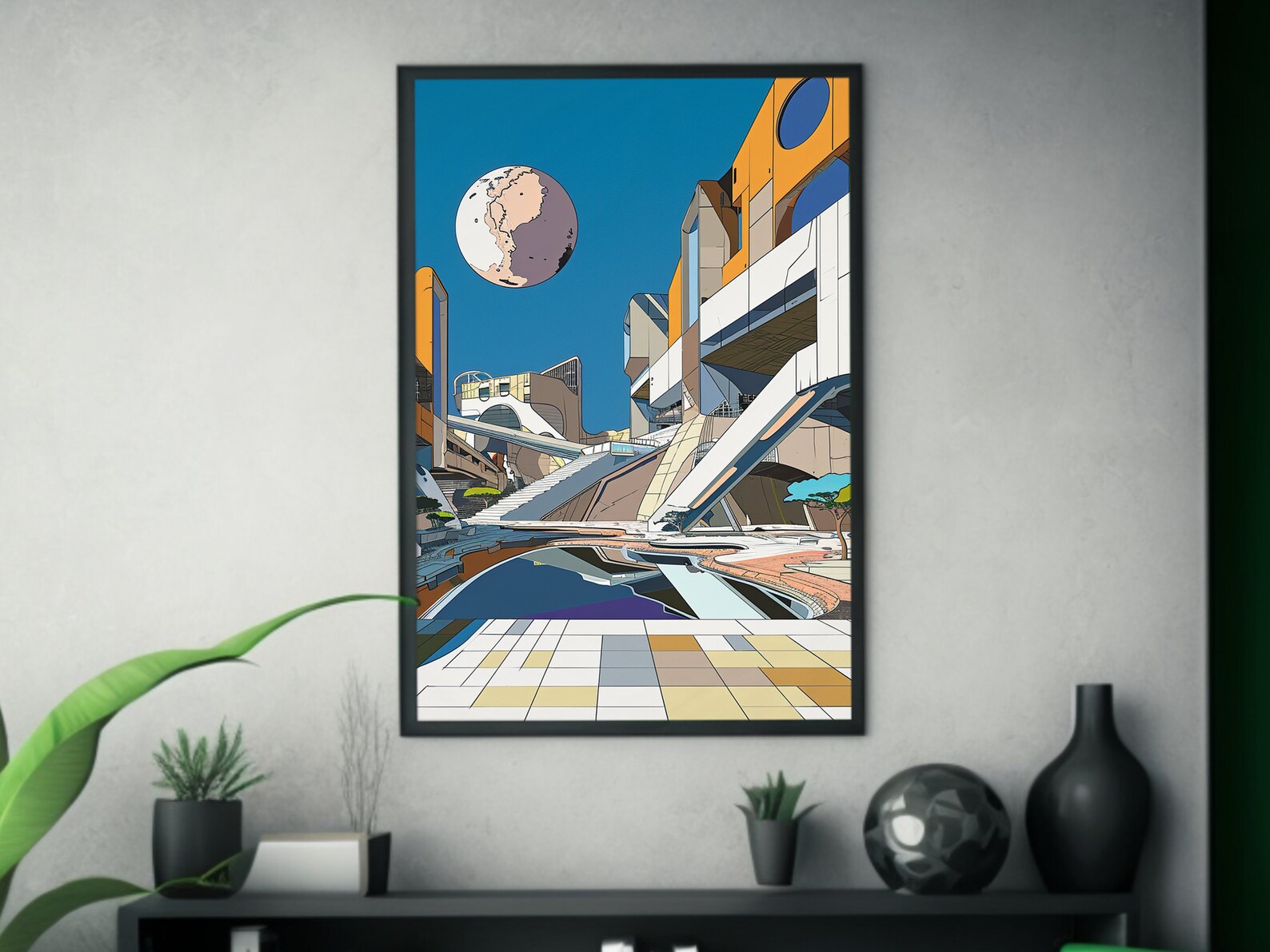 Futuristic Cityscape and Planet Sky Retrofuturism Poster Vibrant Colors ...