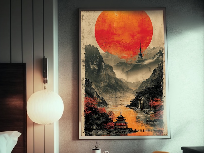 Mountain Landscape Red Sun Poster Art Ukiyo-e Inspired Samurai Cinema ...