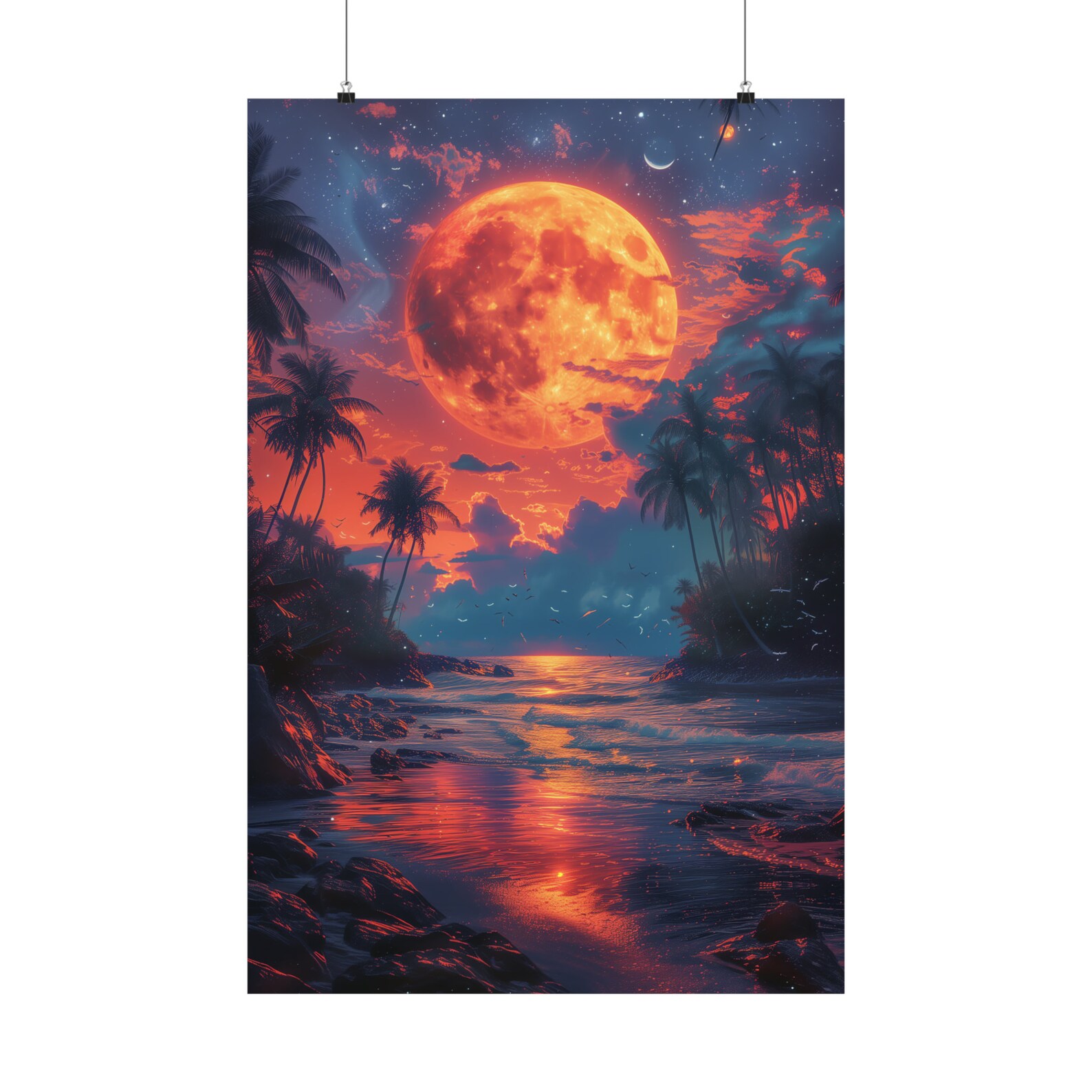 Sunset Palm Tree Poster Moonlight Art Space Red Moonlight Blood Moon ...