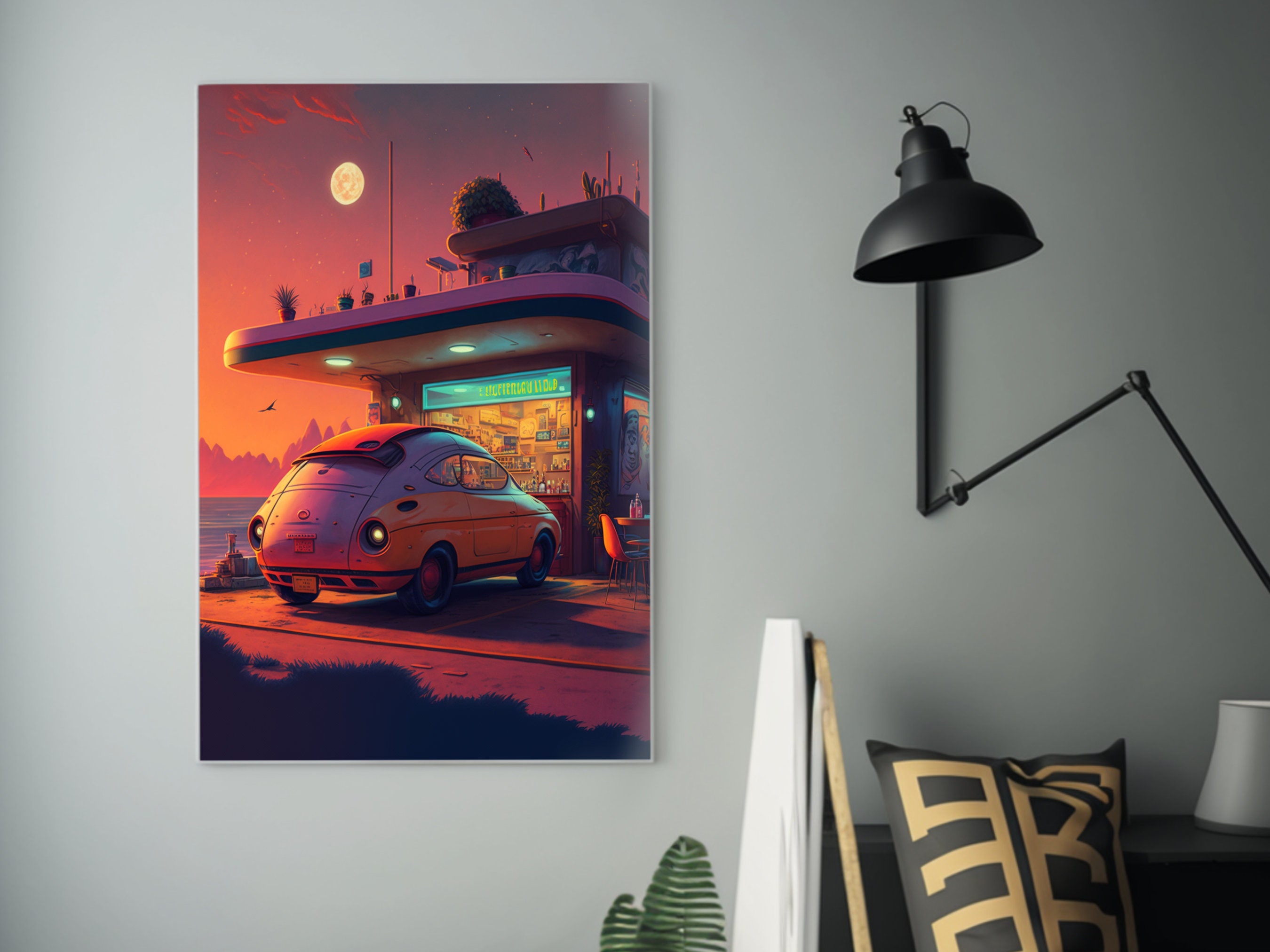Retrofuturistic Nighttime Diner and Car Illustration Detailed Wall Art ...