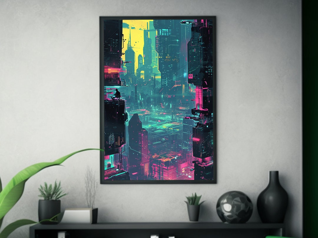 Futuristic Cyberpunk City Poster Neon Lights Aesthetics Retrofuturism ...