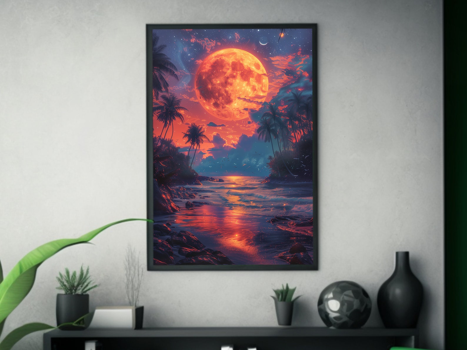 Sunset Palm Tree Poster Moonlight Art Space Red Moonlight Blood Moon ...