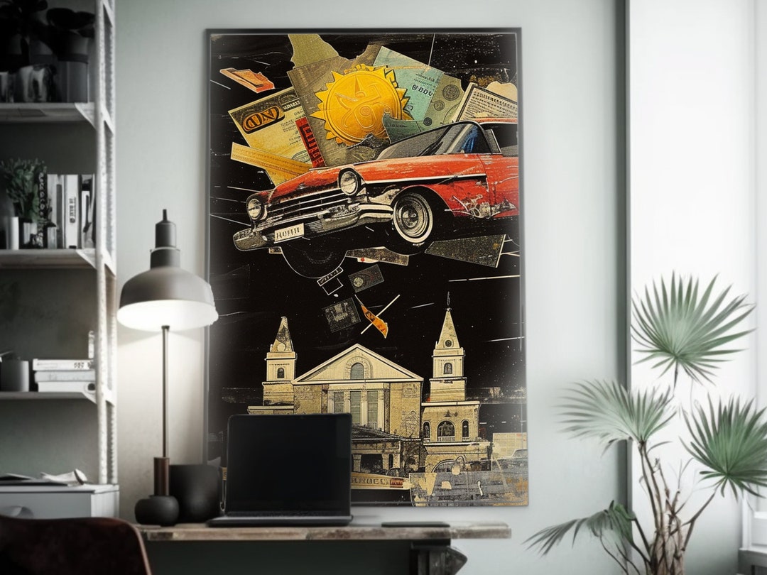 Red Car & Church Painting Ultrafine Detail Art Maximalist Collage Mid ...