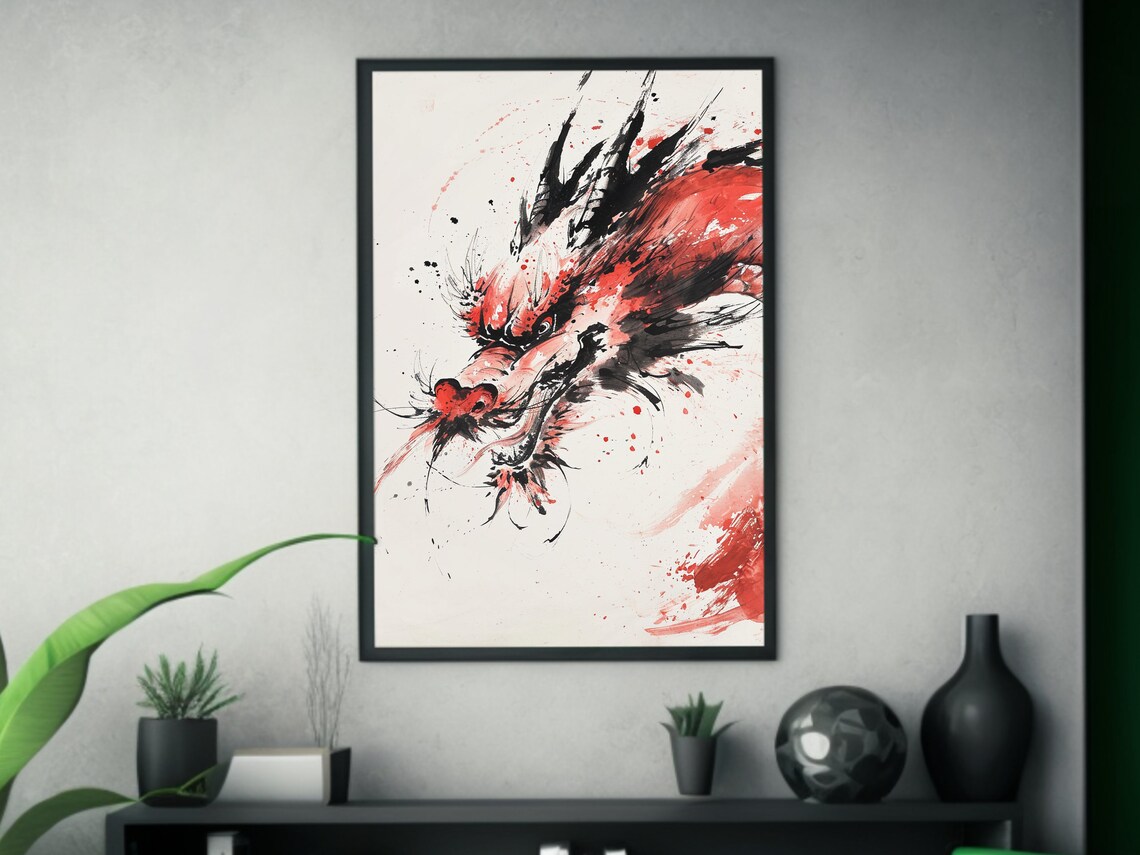 Red & Black Dragon Airbrush Poster European Ink Painting Detailed Brush ...