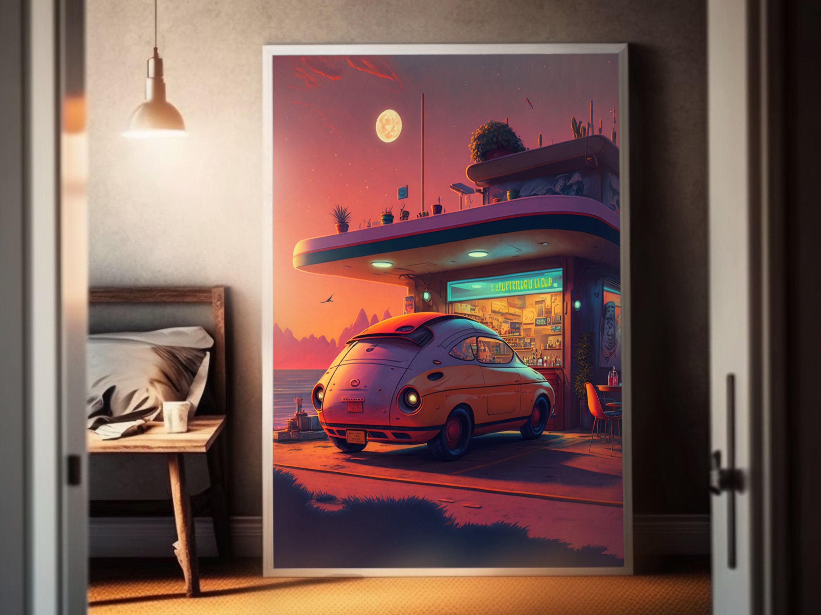 Retrofuturistic Nighttime Diner and Car Illustration Detailed Wall Art ...