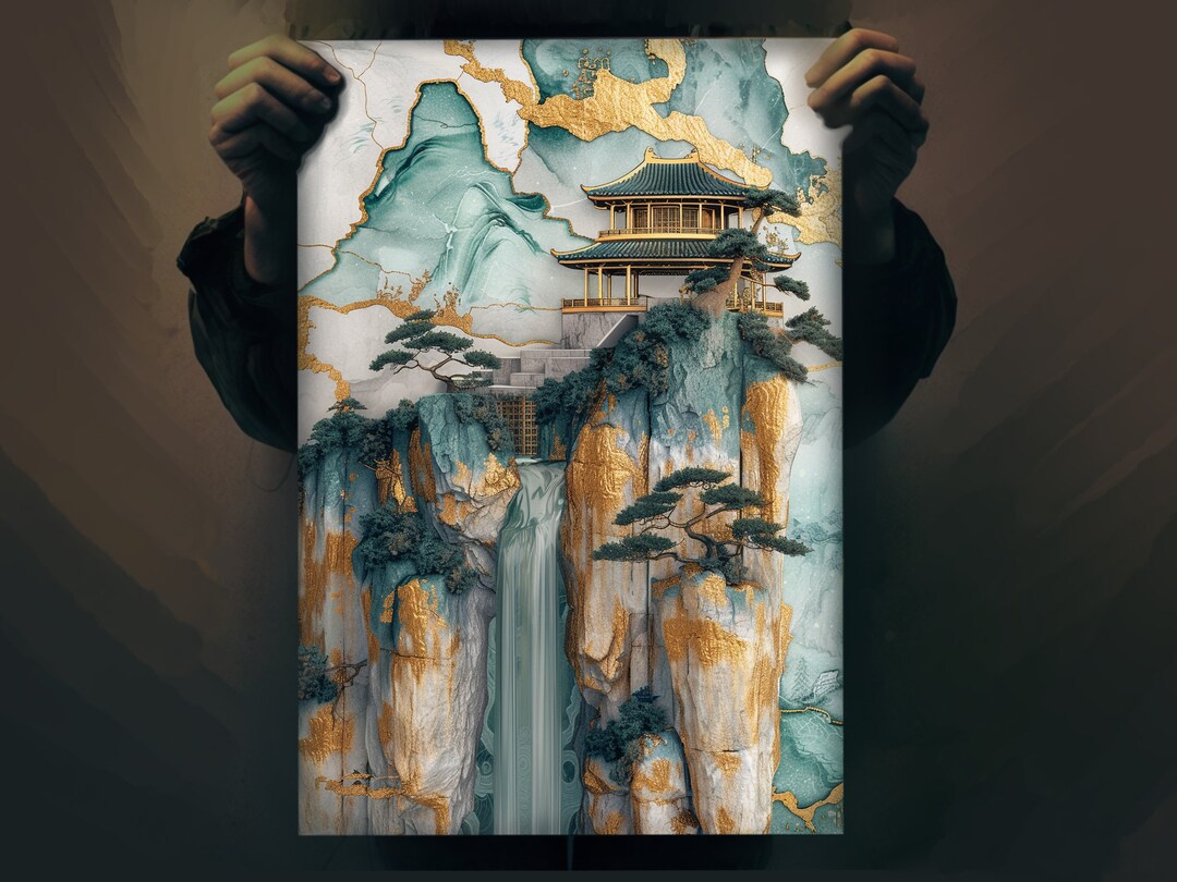 Waterfall Structure Landscape Art Print Oriental Cloisonnism Matte ...