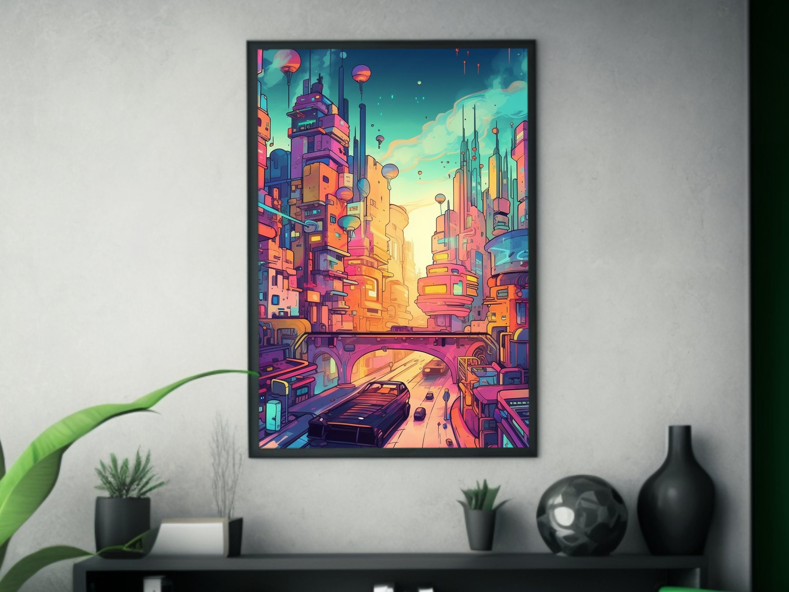Cyberpunk City & Bus Illustration Retrofuturistic Wall Art Poster ...
