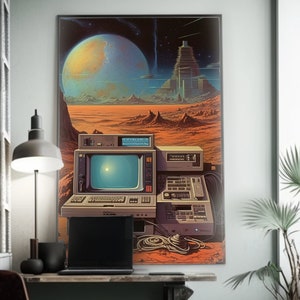 Retrofuturism Computer & Monitor in Desert 1980s Synthwave Art Sci-fi ...