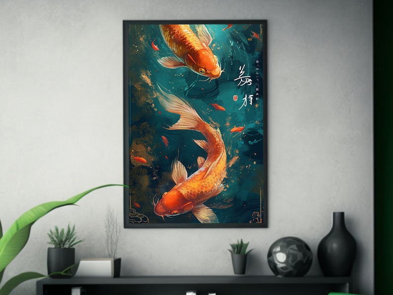Fantasy Koi Fish Pond Poster Vibrant Colors Inspired by Ancient Chinese ...