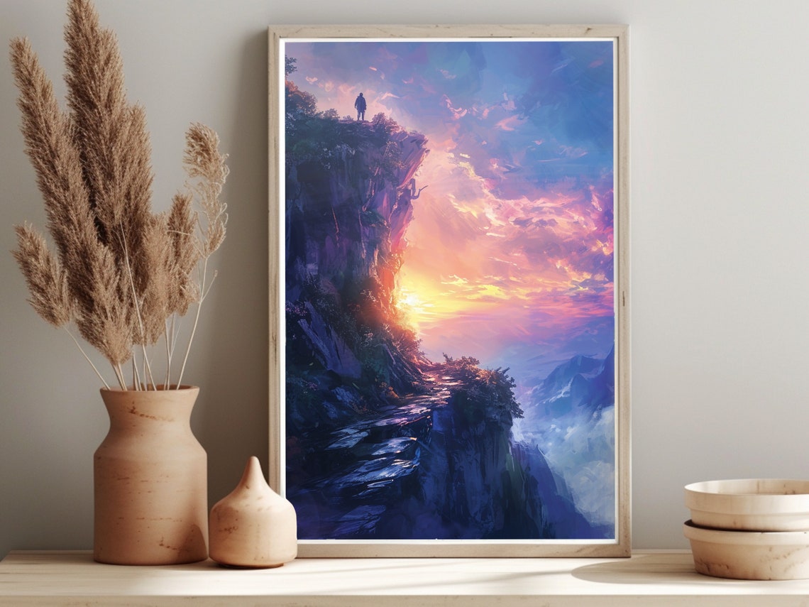 Fantasy Anime Landscape Poster Man on Mountain Matte Artwork Scenic ...