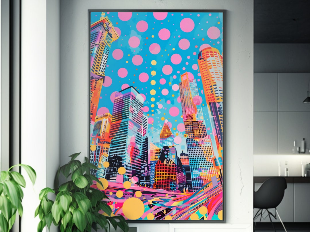 Vibrant American Cityscape Pointillism Poster Colorful Urban Scene Art ...