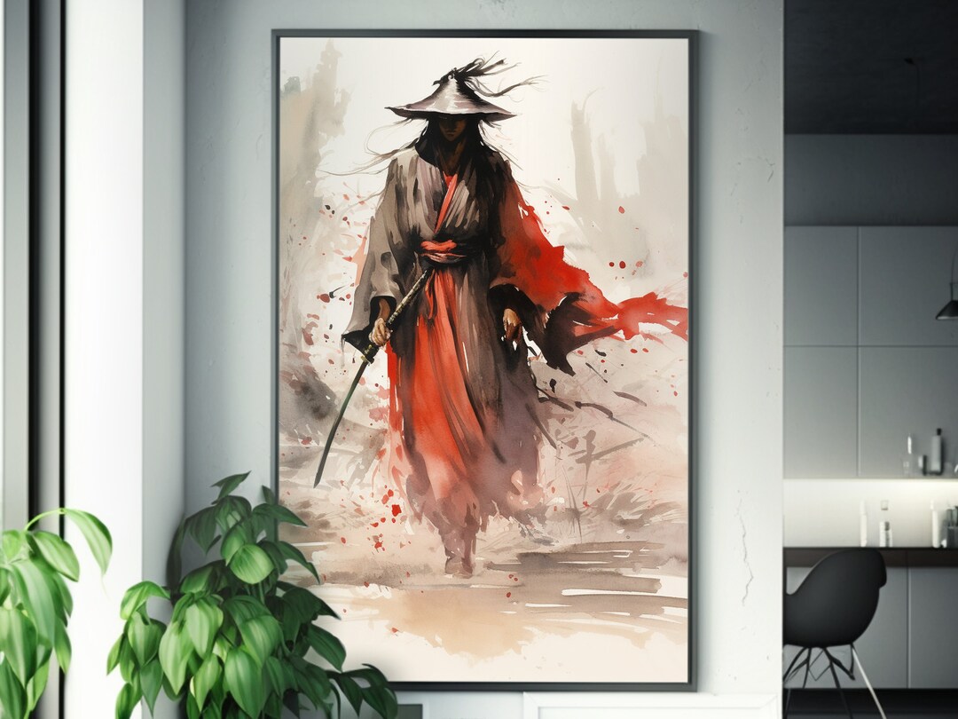 Samurai Warrior in Red Robe With Sword Japanese Fantasy Art Poster ...