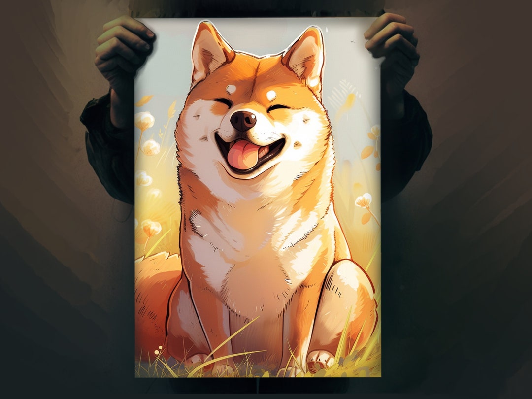 Shiba Inu Poster Detailed Furry Art Cute Dog Portrait Sitting in Grass ...