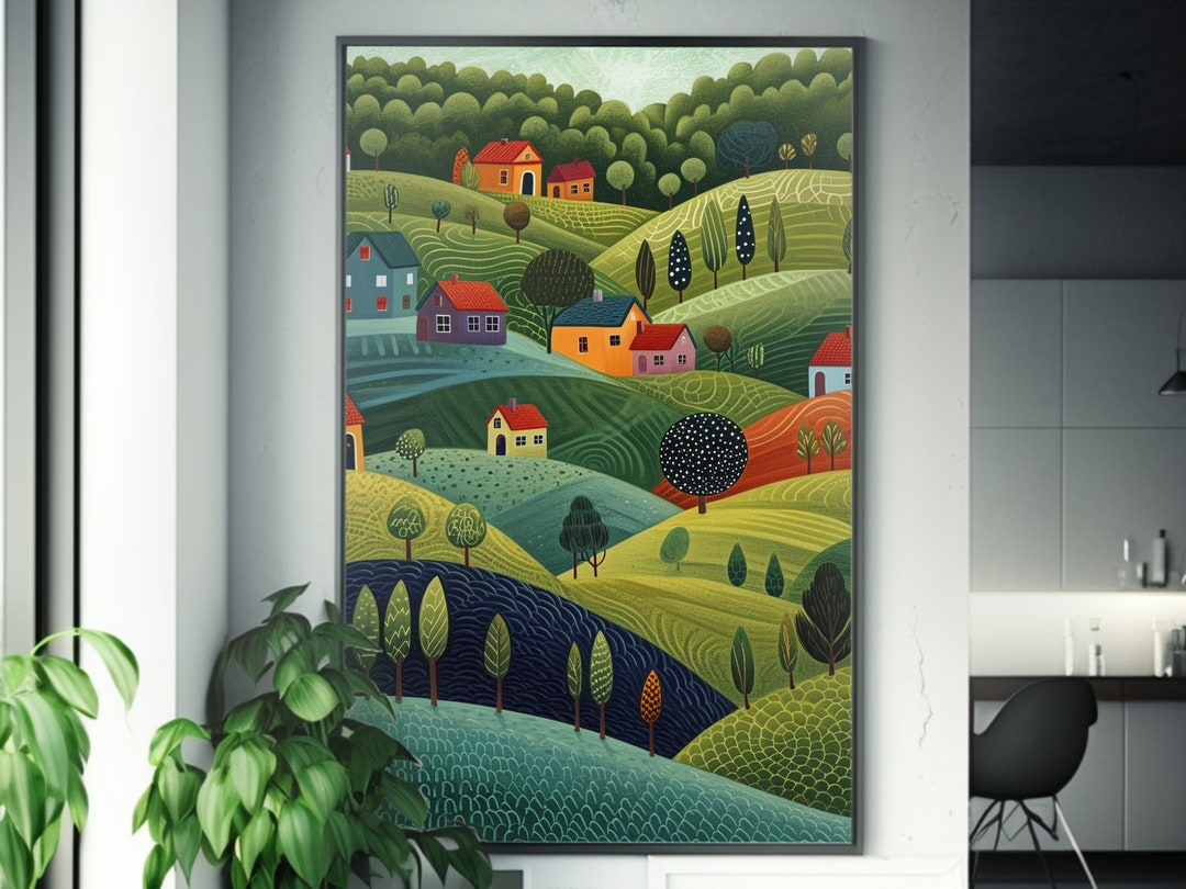 Landscape and Houses Storybook Illustration Folk Art Gouache Painting ...