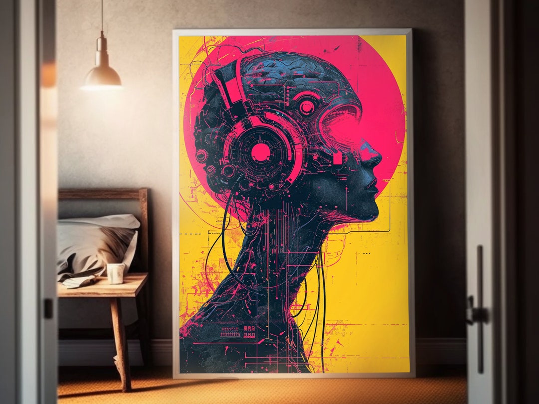 Saturn Race: Cyberpunk Art Poster Close-up of Person With Headphones ...