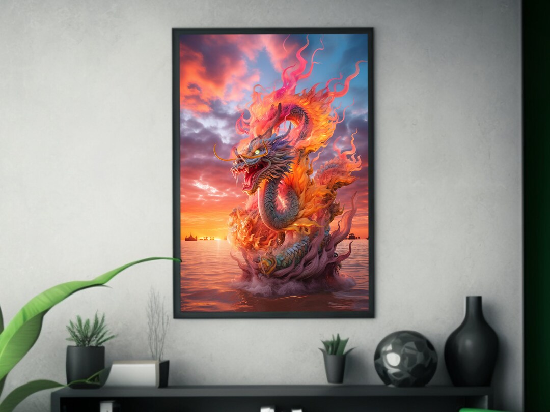 Cyan Dragon Airbrush Painting: Huang Ding Style, Sunset Backdrop, Cloisonnism Art, 3D Silk ...
