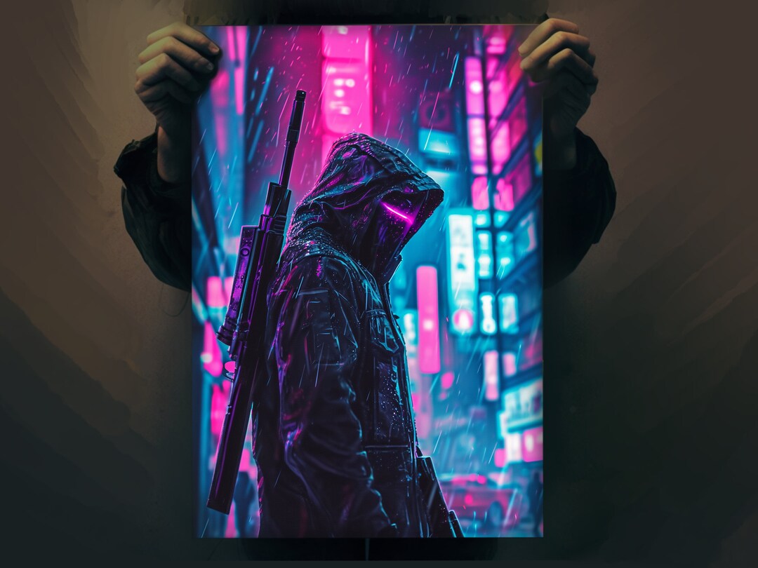 Cyberpunk Assassin Poster Futuristic Gunman in Rain Computer Art Noir ...