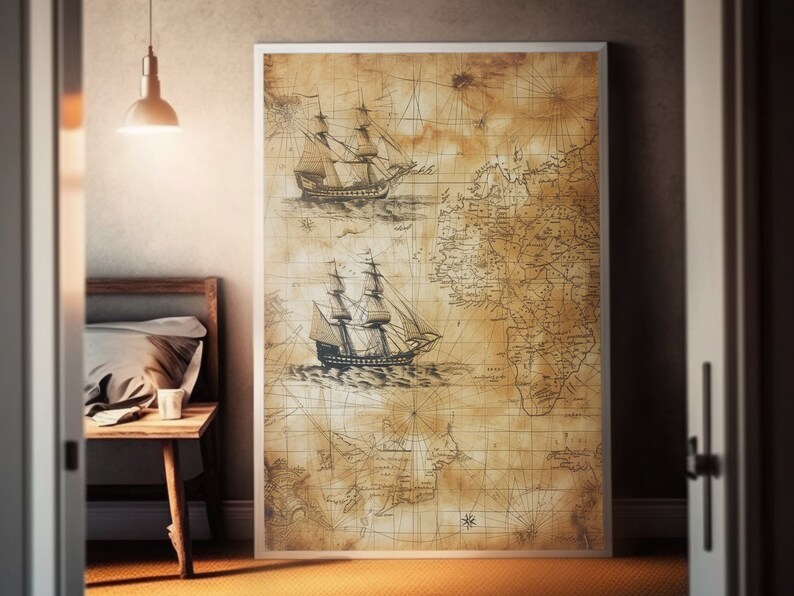 Vintage Nautical World Map Poster 1700s Atlas Inspired Art Age of Discovery Maritime Ships ...