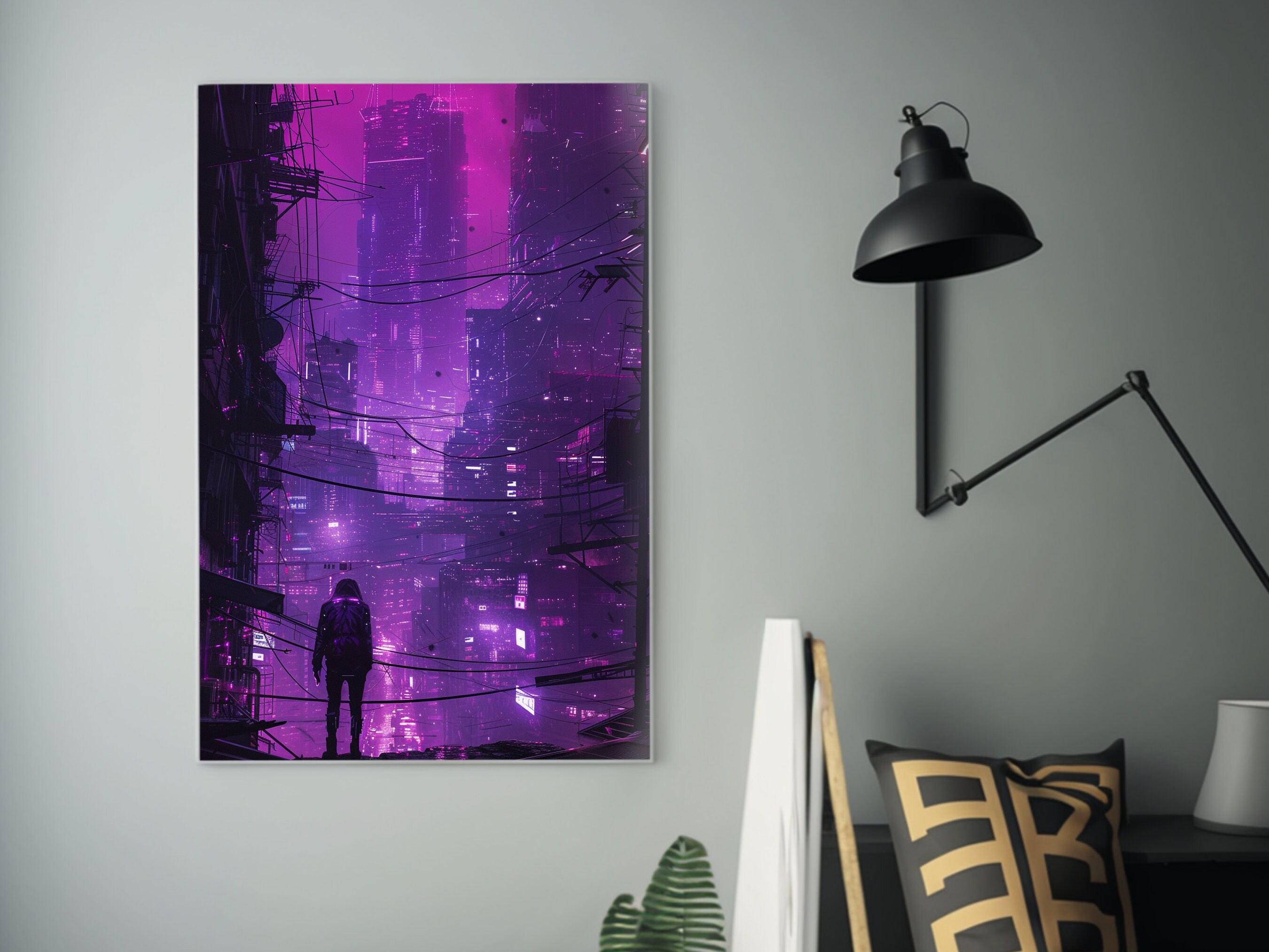 Cyberpunk City Poster Retrofuturism Art Print Purple Dreamy Future Sci ...