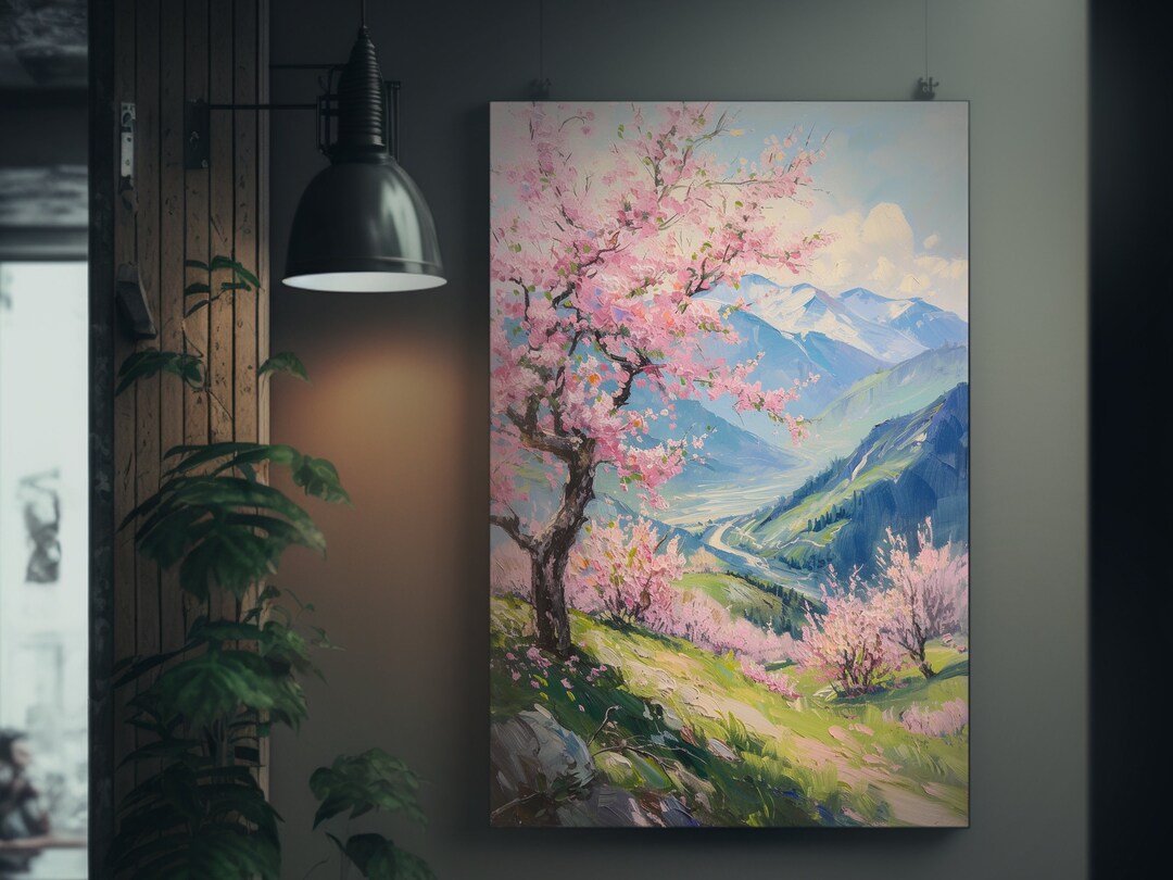 Cherry Blossom Tree Poster Oil Painting Style Cloisonnism Art Mountain ...