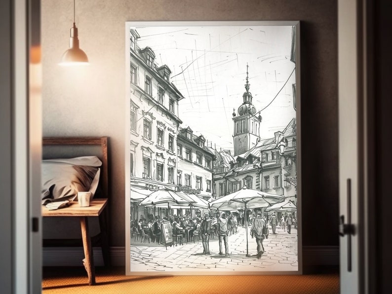 Ultra-detailed European City Square Ink Drawing Modern Architecture ...