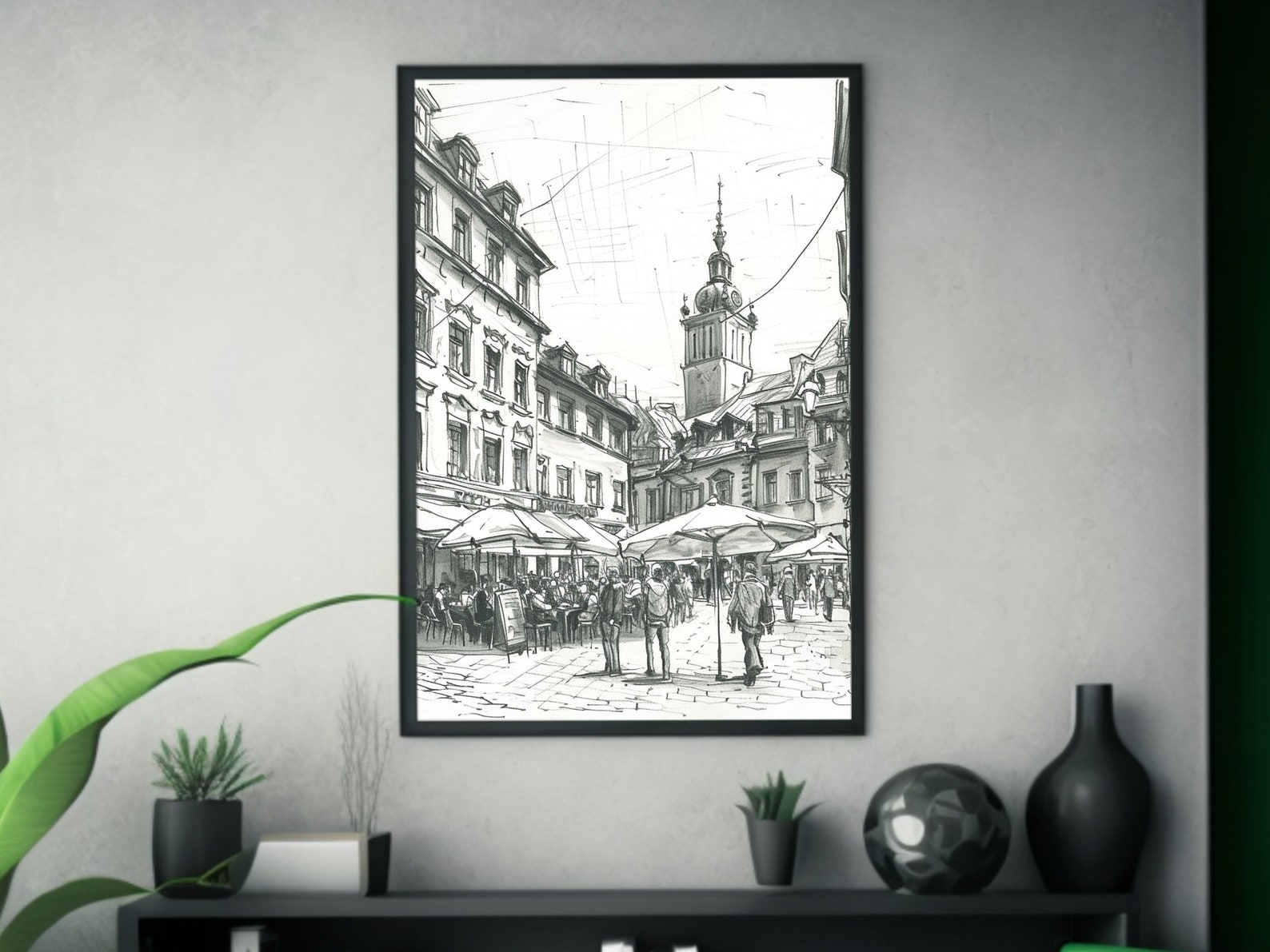 Ultra-detailed European City Square Ink Drawing Modern Architecture ...