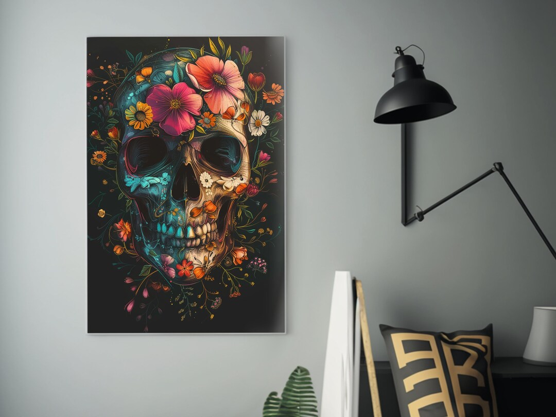 Psychedelic Sugar Skull Poster Digital Art Calavera Design Floral ...