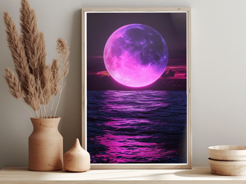 Pink Moon Rising Poster Neo-romantic Sailor Moon Art Moonlit Purple Sky ...