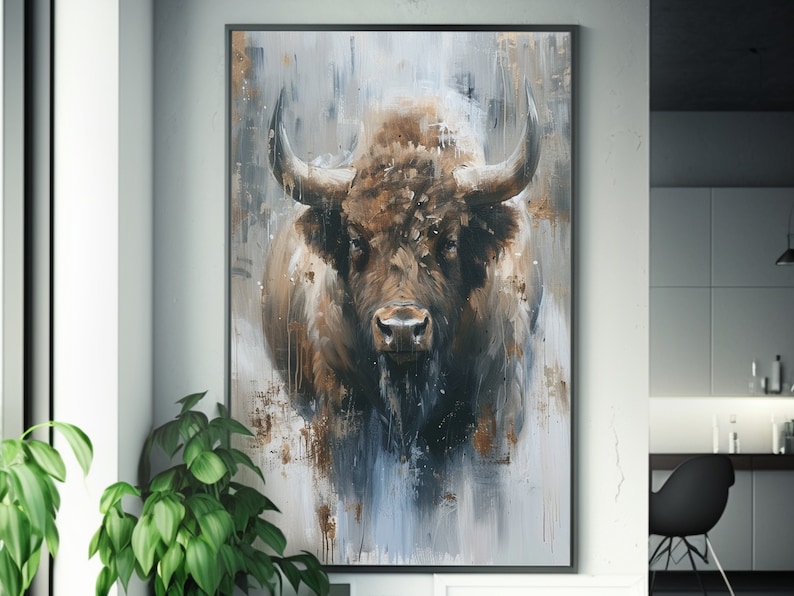 Bull With Large Horns Detailed Painting Bison Chase Art Poster ...