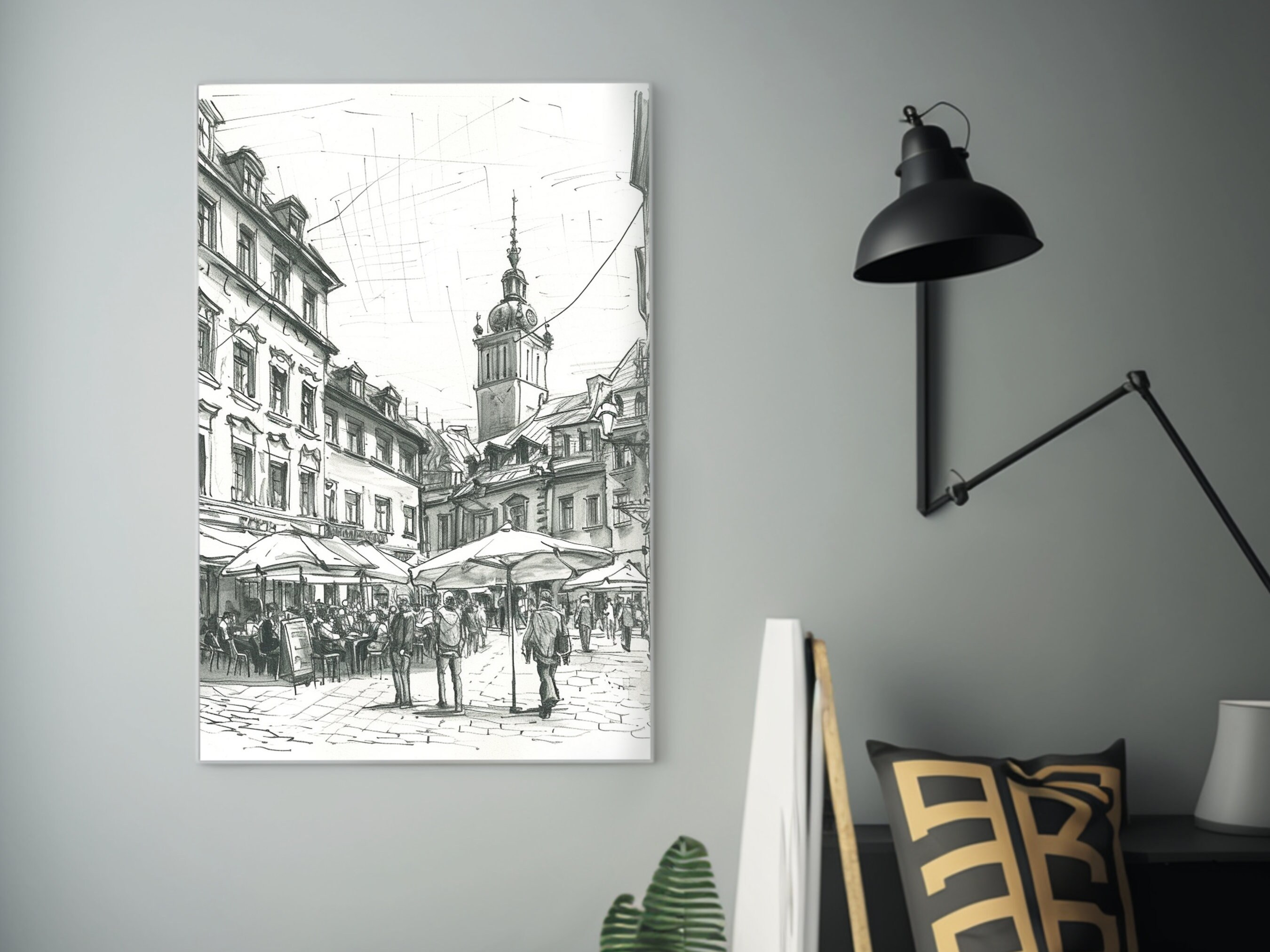 Ultra-detailed European City Square Ink Drawing Modern Architecture ...