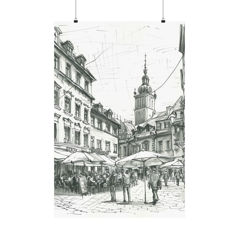 Ultra-detailed European City Square Ink Drawing Modern Architecture ...