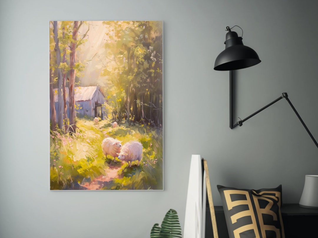 Sheep Grazing Landscape Art Field Oil Painting Plein Air Artwork ...