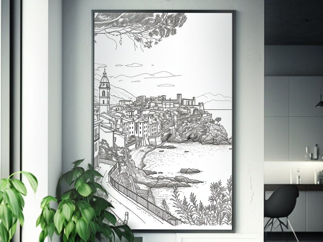 European Townscape Poster Black & White Art Storybook Illustration ...