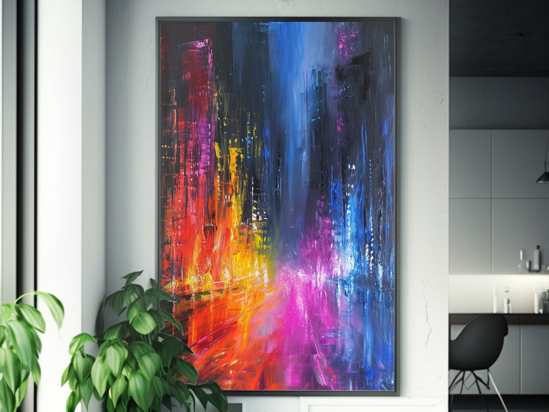 Abstract Urban Night Scene Expressionist Painting Vivid Hues Dynamic ...