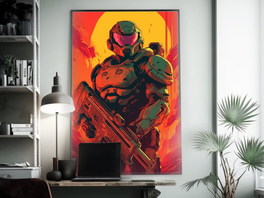 Doom Slayer Sunset Poster Retro Futurism Space Art Vintage Collage Sci ...