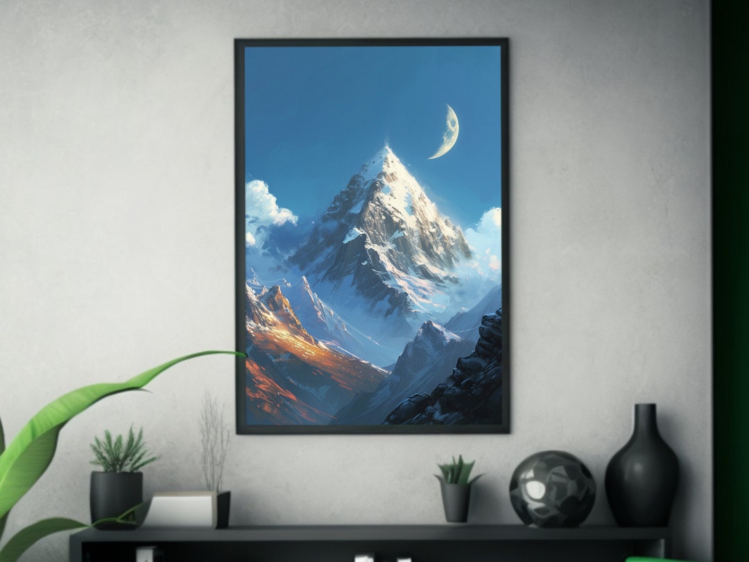 Mystical Moonlit Mountain Fantasy Art Poster Detailed Landscape ...