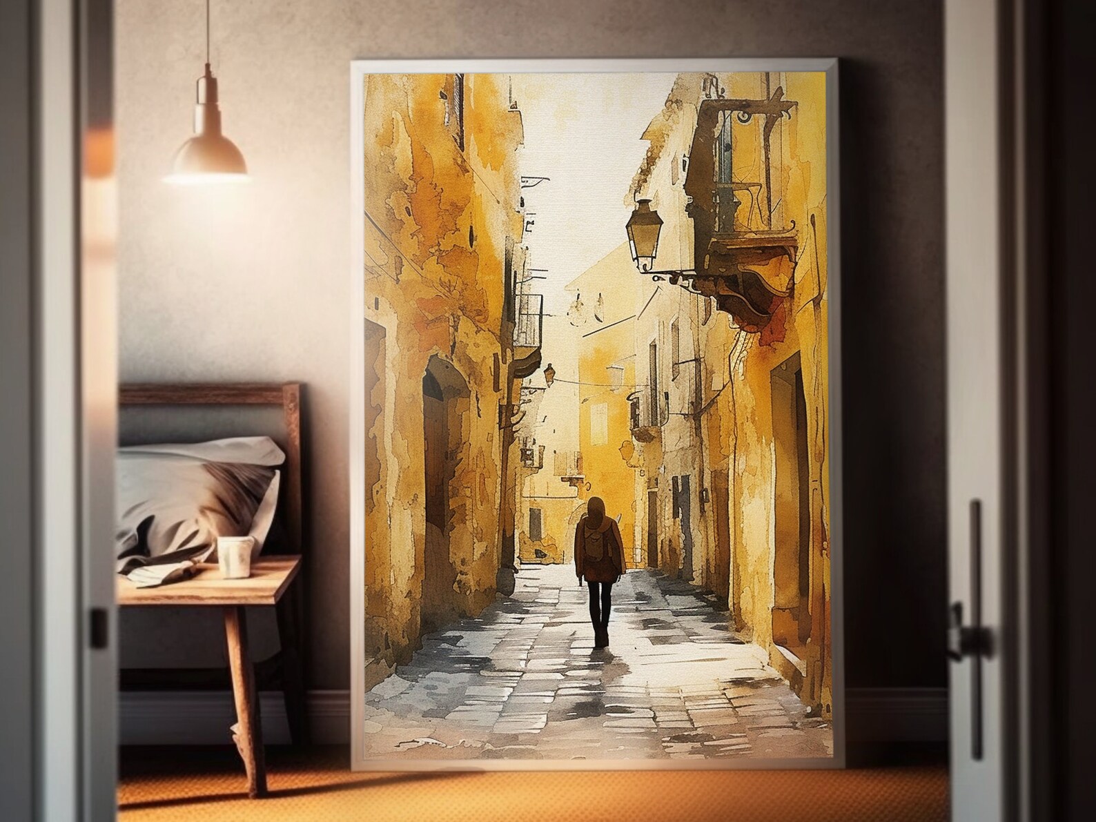 European Watercolor Street Scene Poster Detailed Artistry Ink Painting ...