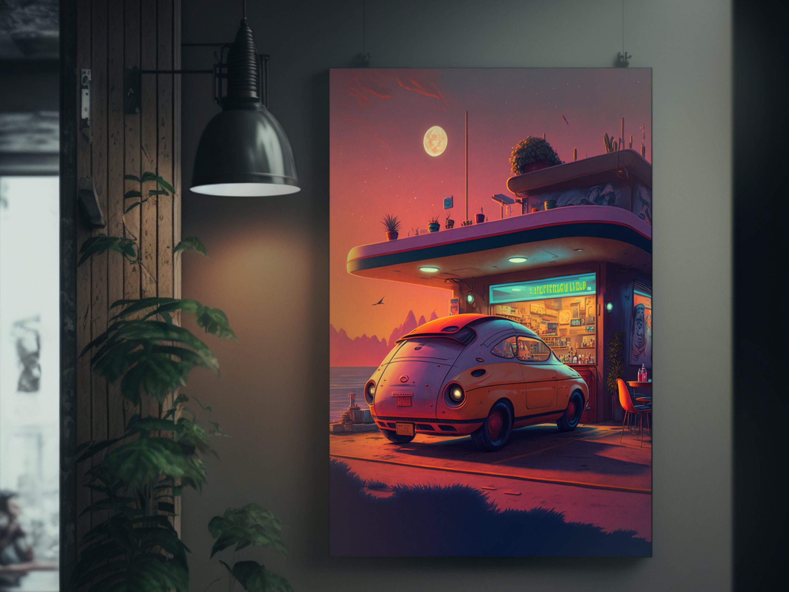 Retrofuturistic Nighttime Diner and Car Illustration Detailed Wall Art ...