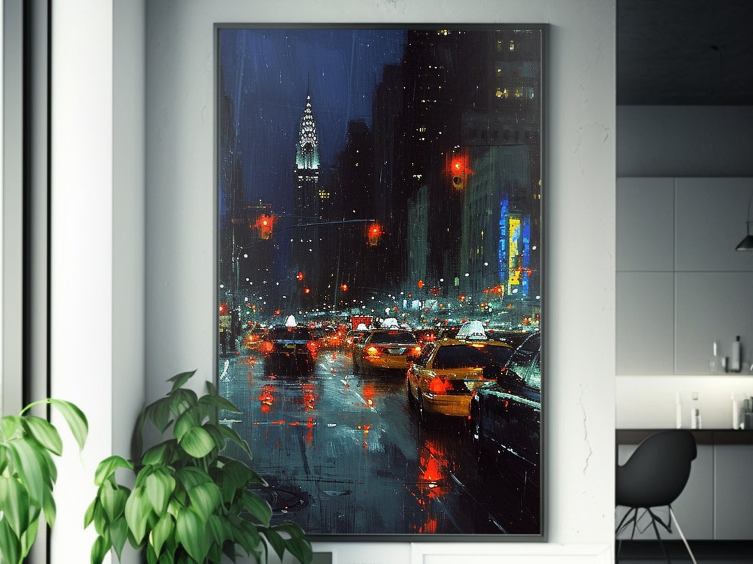 Vintage City Street Painting Rainy Night Scene American Urban Landscape ...