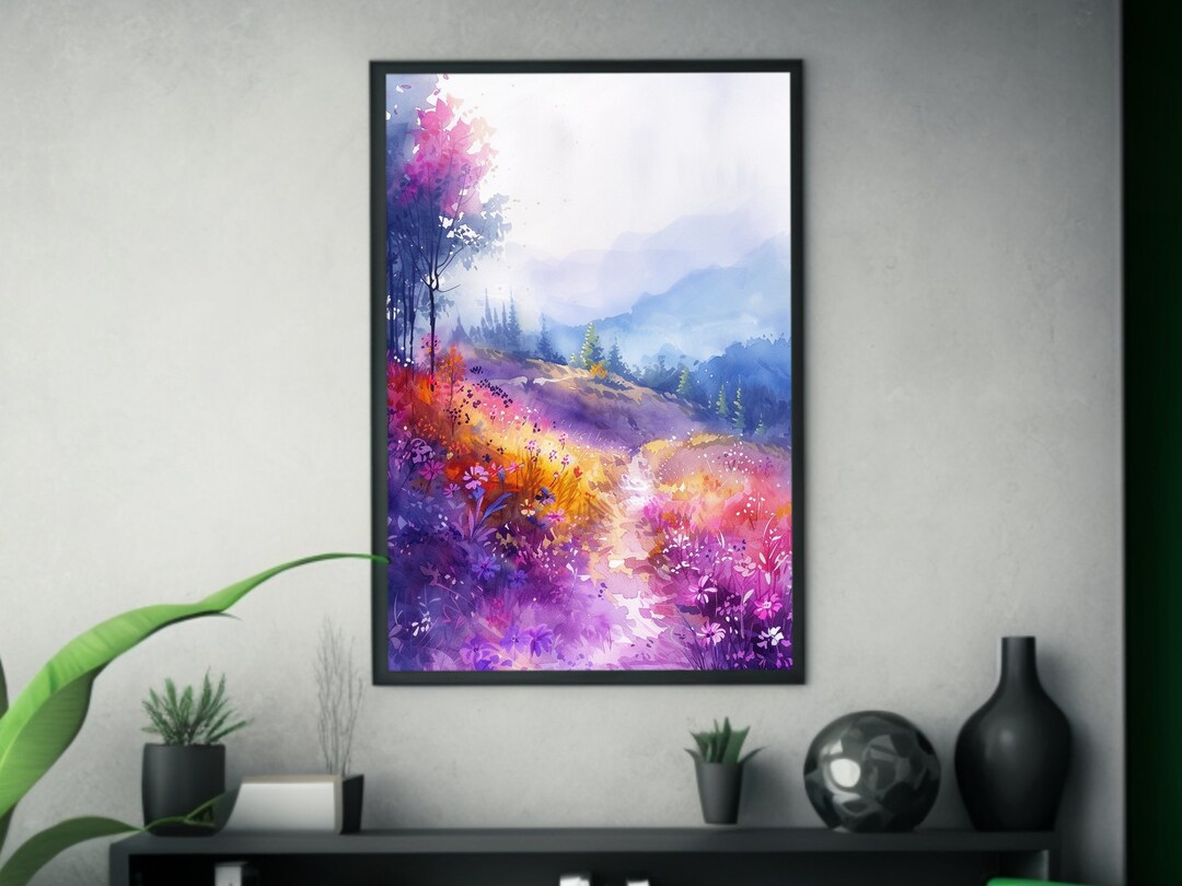 Colorful Floral Landscape Watercolor Painting Vibrant Gouache Art ...