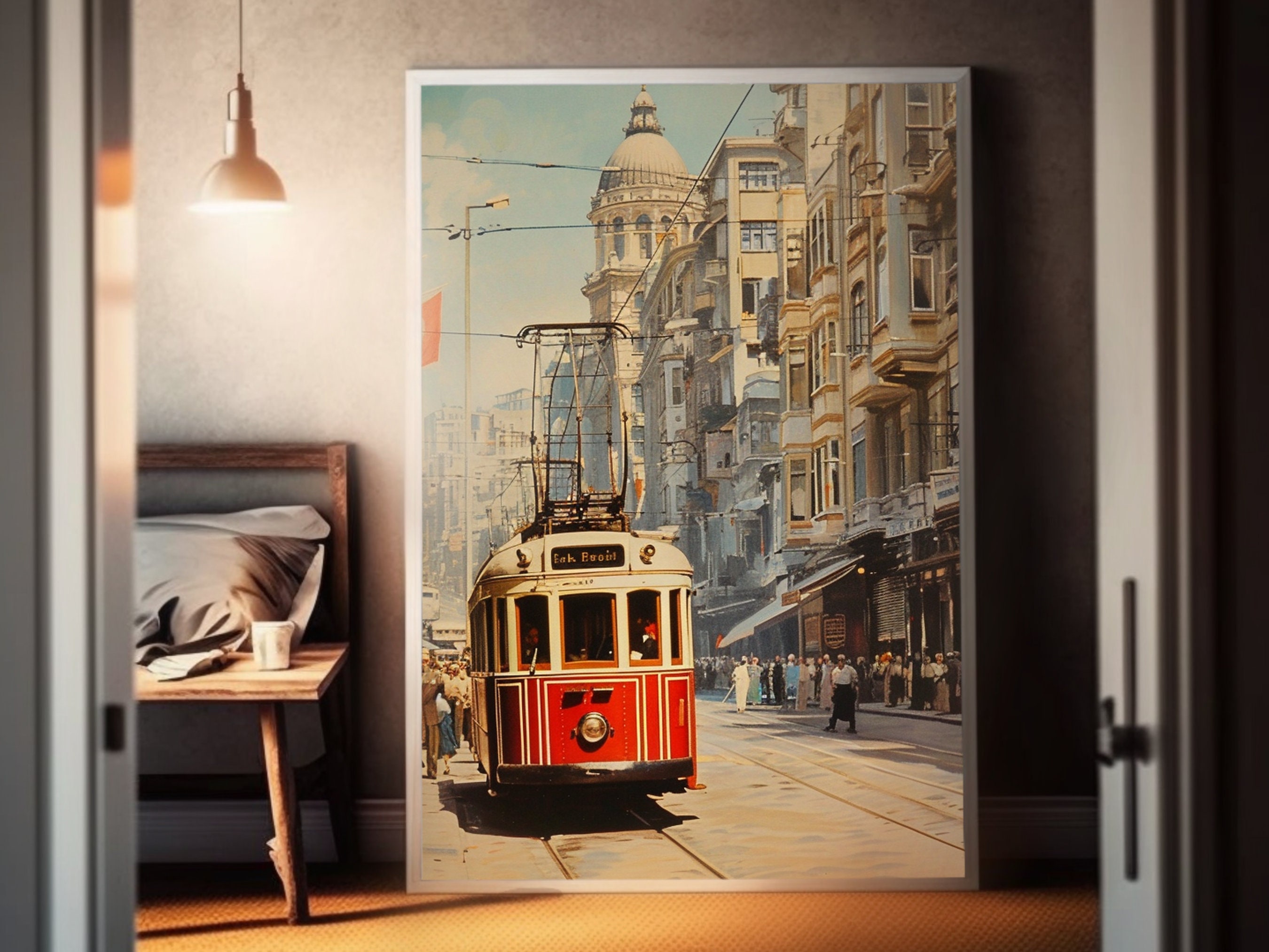 City Street Trolley Red White Hyperrealism Matte Painting Poster Urban ...