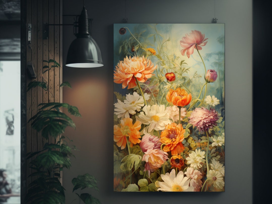Floral Magic Realism Oil Painting Realistic Chrysanthemum & Tulip Art ...