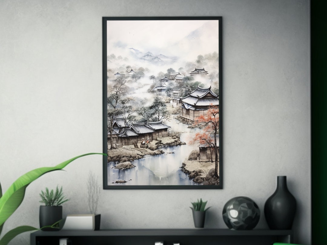Chinese Landscape Poster Naive Art Style River & Mountain Scenery ...