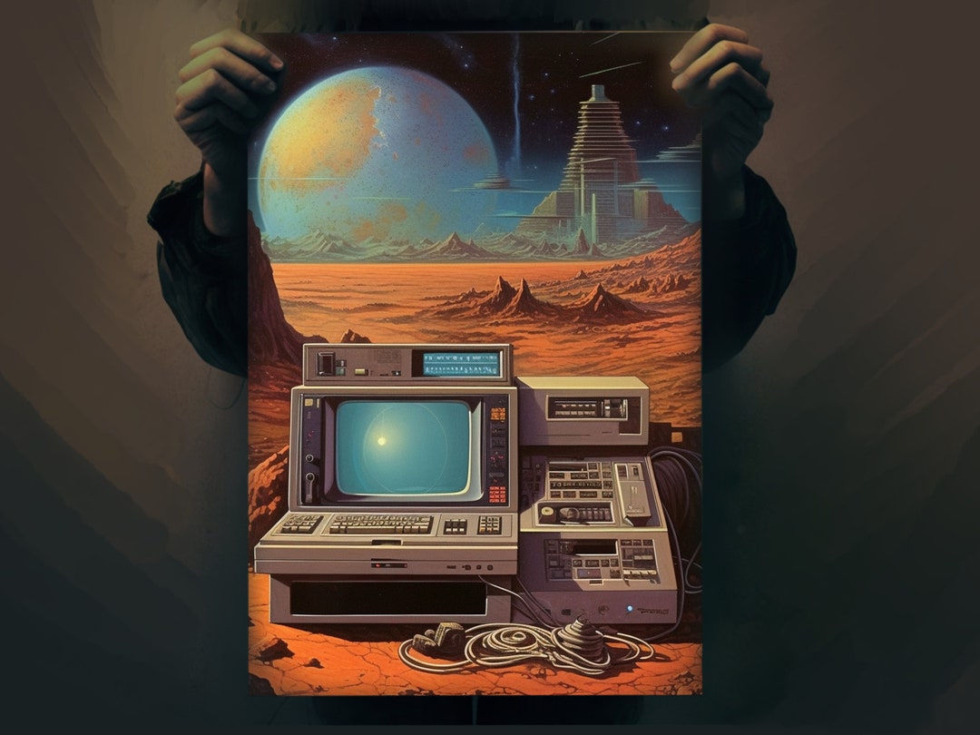 Retrofuturism Computer & Monitor in Desert 1980s Synthwave Art Sci-fi ...
