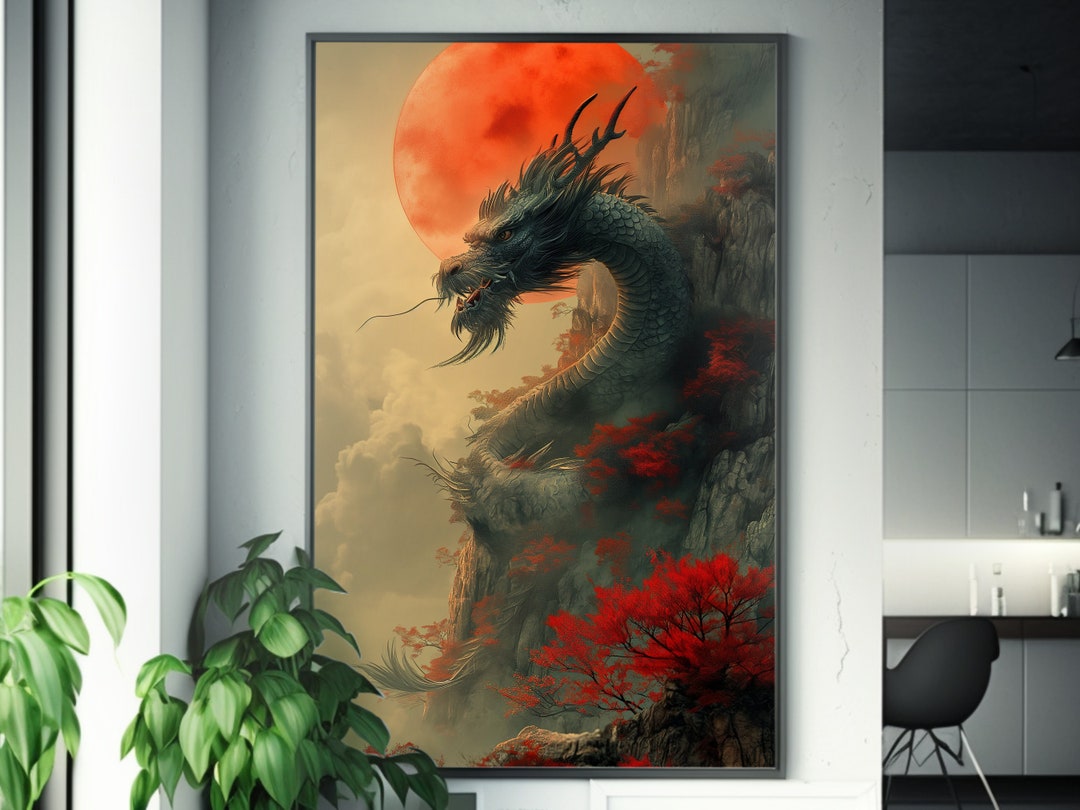 Fantasy Dragon & Red Moon Poster Chinese Dragon Art Digital Painting ...