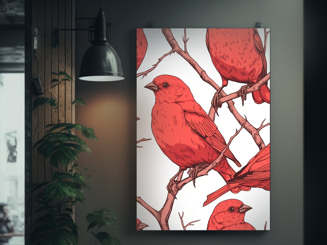 Red Birds Screenprint Tree Branch Art High Detail Generative Art ...