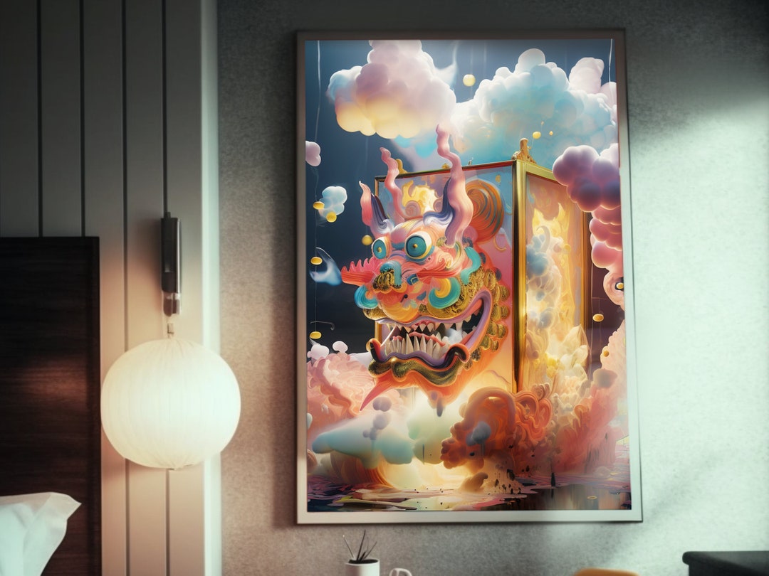 Dragon in Doorway Pop Surrealism Art Airbrush Painting Poster 3D Epic Fantasy Illustration Cloud ...
