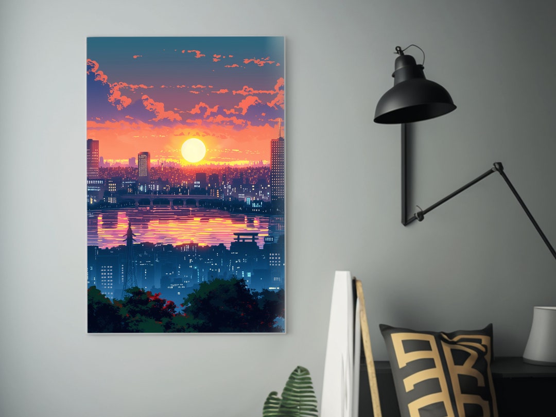 Sunset Cityscape Pixel Art Anime Style HD Skyline Poster Osaka Inspired ...
