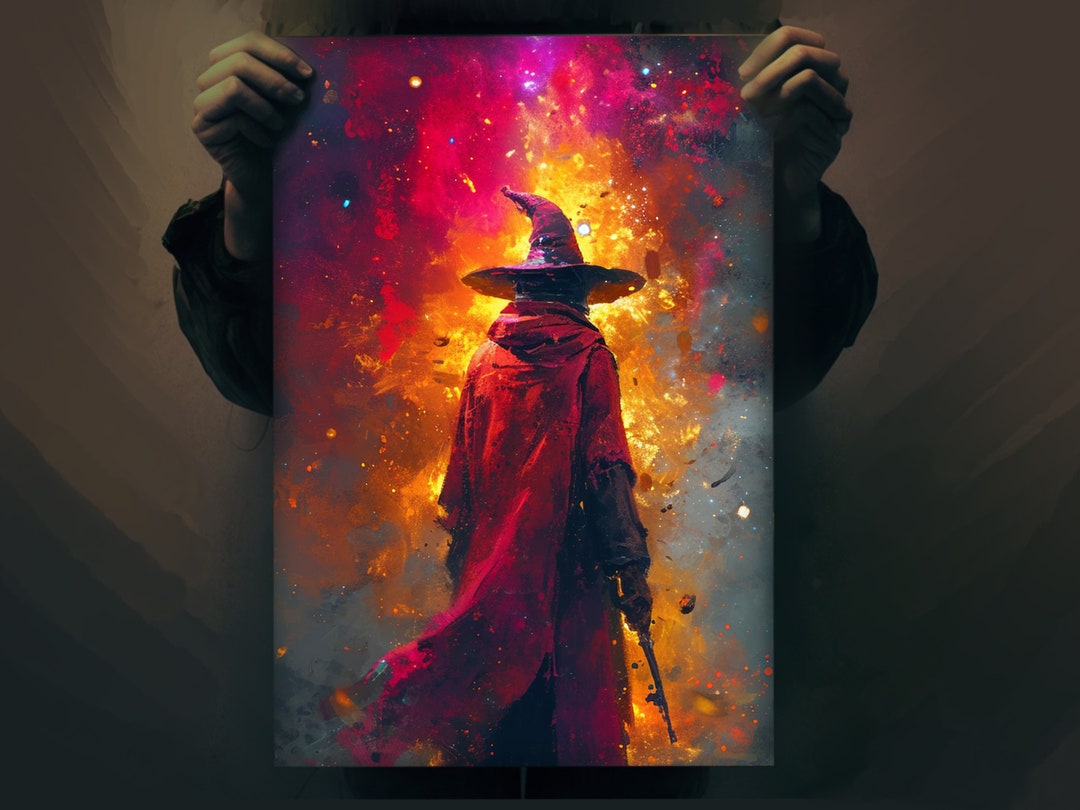 Red Sorcerer Fantasy Art Poster Red-cloaked Mage With Sword, Trending ...
