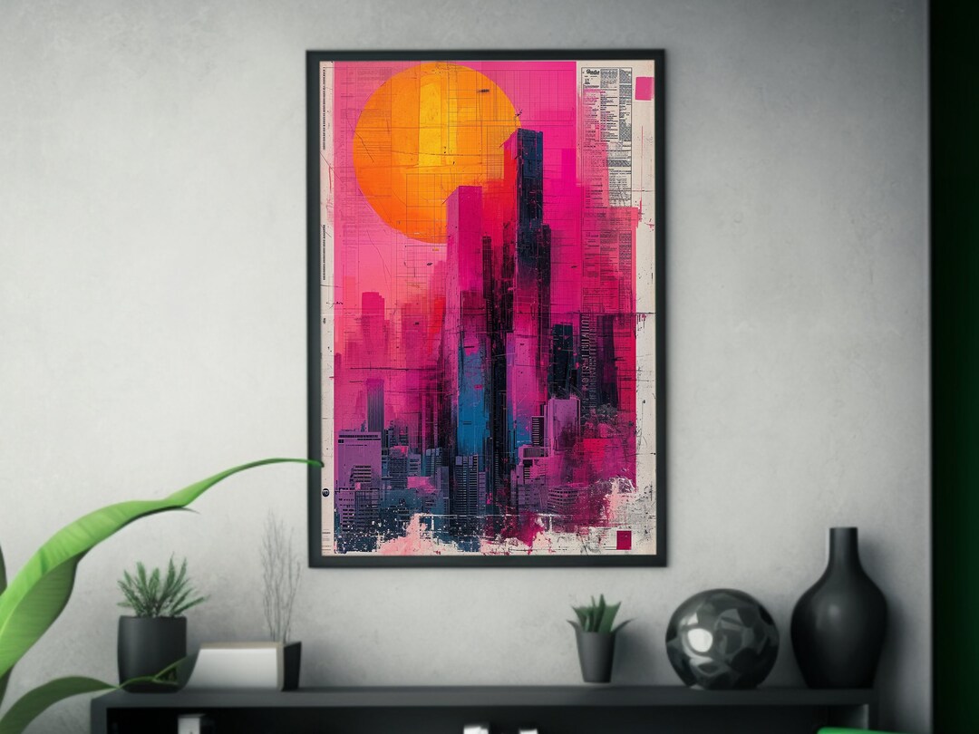 Ville ensoleillée cyberpunk Art néon rétrofuturisme Imprimé Synthwave ...